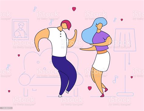 다채로운 현대 평면 만화 캐릭터 댄스 파티 집에서 음악을 듣고 데이트 손으로 그려진 스타일 플랫 작은 사람들이 만화 여자와 남자