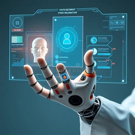 Robot Hand Interacting With Advanced Futuristic User Interface Technology Display Stock