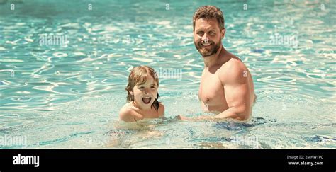 Father And Son In Swimming Pool Banner With Copy Space Daddy With Kid Babe On Spa Resort