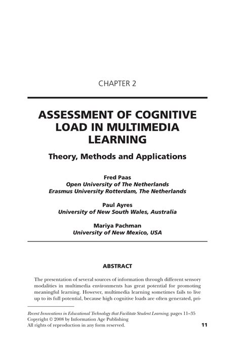 Pdf Assessment Of Cognitive Load In Multimedia Learning Theory Methods And Applications