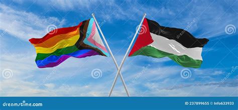 Crossed Flags Of Progress Lgbt Pride And Palestine Flag Waving In The