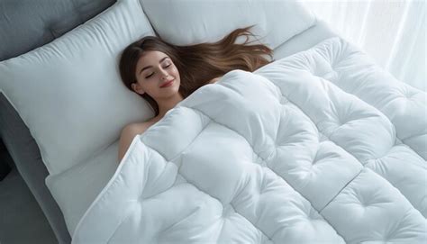 A Woman Is Sleeping In A Bed With A White Duvet That Says Quot Shes