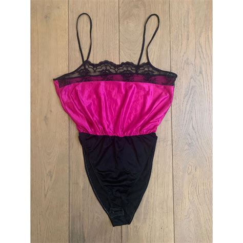Vintage Lace Bodysuit Black And Hot Pink Size Ml Depop