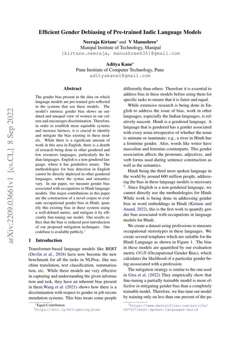 Pdf Efficient Gender Debiasing Of Pre Trained Indic Language Models