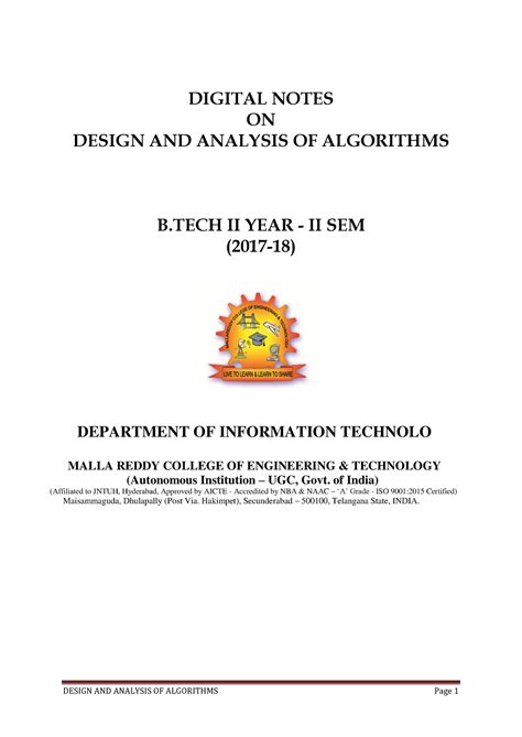 design and analysis algorithms digital notes on design and analysis