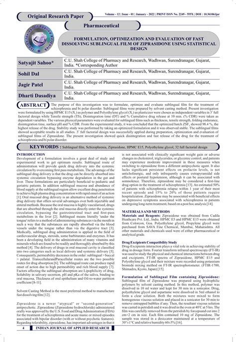 Pdf Formulation Optimization And Evaluation Of Fast Dissolving Sublingual Film Of Ziprasidone