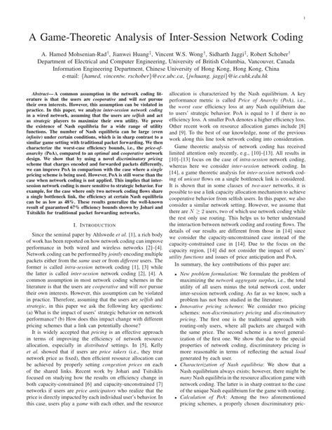 Pdf A Game Theoretic Analysis Of Inter Session Network Coding