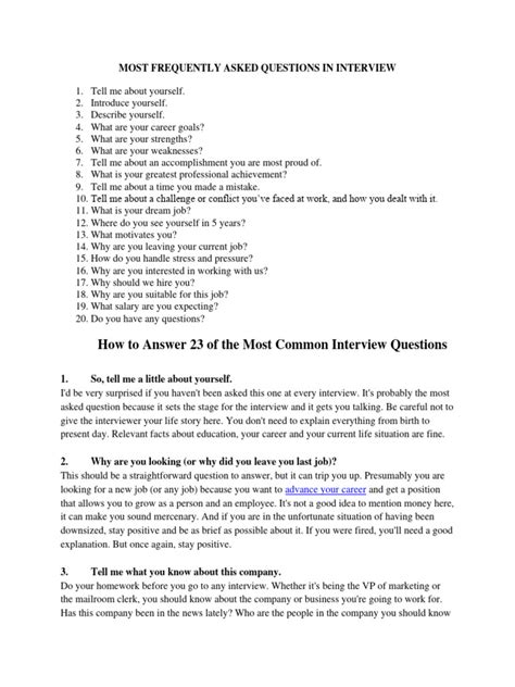 Most Frequently Asked Questions In Interviews Pdf Experience Business