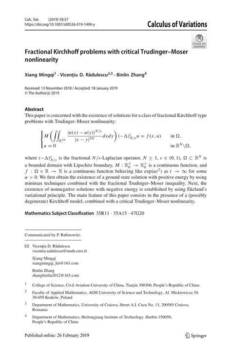Pdf Fractional Kirchhoff Problems With Critical Trudingermoser Nonlinearity
