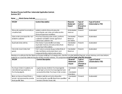 Activity 1 Revenue Process Audit Plan Automated Application Controls