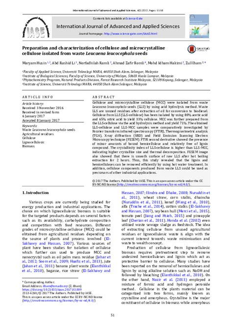 Pdf Preparation And Characterization Of Cellulose And Microcrystalline Cellulose Isolated From