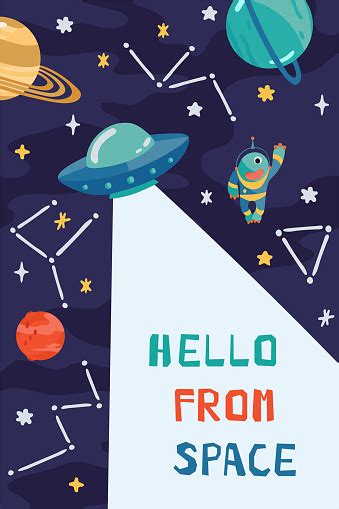 행성 Ufo 우주 비행사 외계인과 만화 스타일의 공간에서 안녕하세요 문자 와 공간 어린이 포스터 키즈 프린트를 위한 귀여운 컨셉 디자인 키즈 룸에 대한 일러스트 레이션 벡터