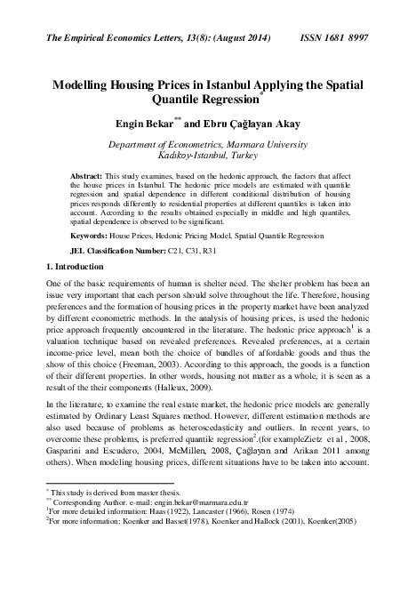 Pdf Modelling Housing Prices In Istanbul Applying The Spatial Quantile Regression