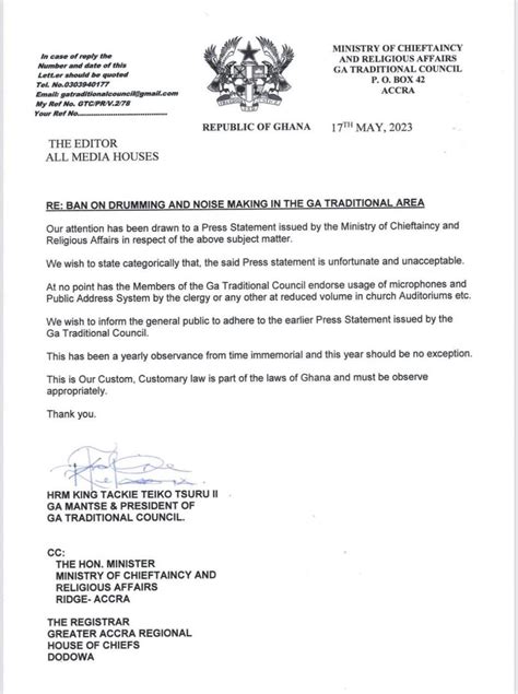 Ban On Noise Making Ignore Directive From Chieftaincy Ministry Ga Traditional Council