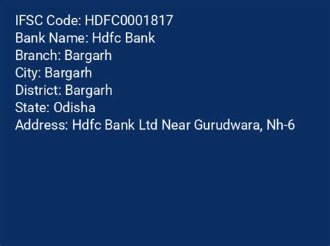 Hdfc Bank Bargarh Branch Branch Code IFSC Code HDFC