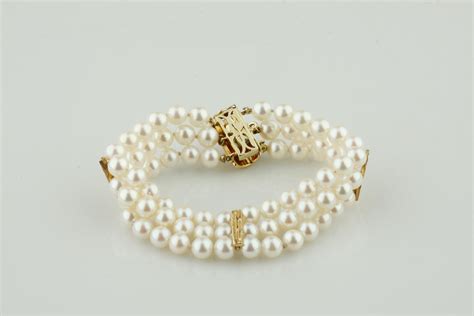 14k Yellow Gold Three Strand Pearl Bracelet W Gold Accents For Sale At