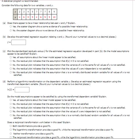 solved consider the following data for two variables x and