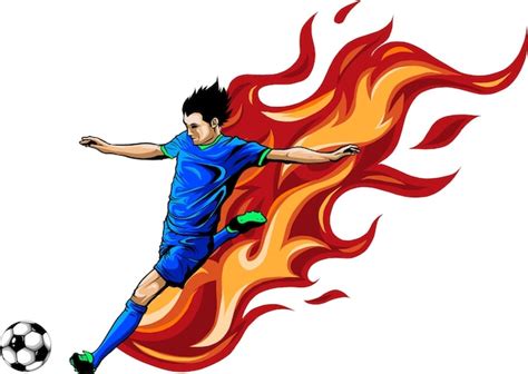 불꽃과 공을 가진 축구 선수 프리미엄 벡터