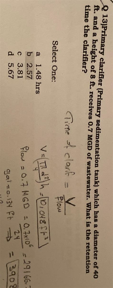 Solved Q 13primary Clarifier Primary Sedimentation Tank