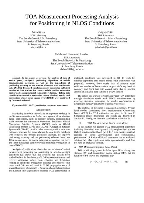 Pdf Toa Measurement Processing Analysis For Positioning In Nlos