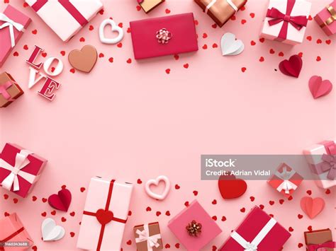 파스텔 핑크 배경에 선물과 하트가 있는 발렌타인 데이 우아한 인사말 카드 템플릿입니다 3d 렌더링의 플랫 레이 배너 디자인을 위한 로맨틱 발렌타인 3차원 형태에 대한 스톡