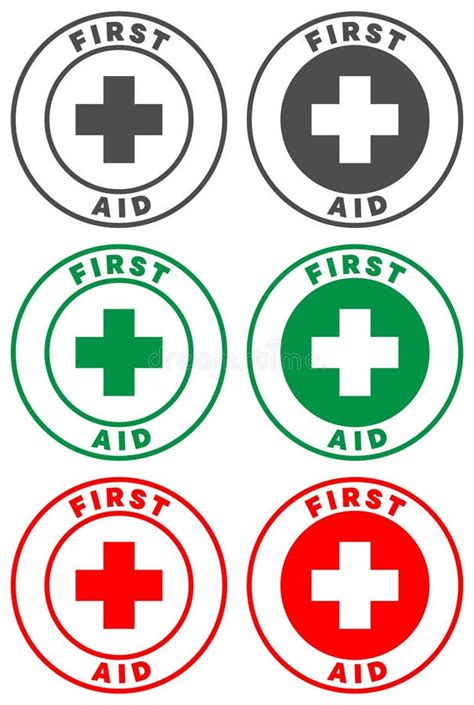 First Aid Cross Icons In Red Green And Grey Circles For Medical
