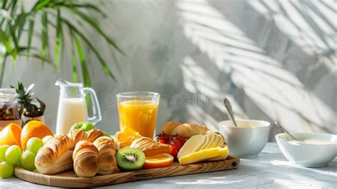 Light And Healthy Vegetarian Breakfast Spread Featuring Fresh Fruit Croissants Juice