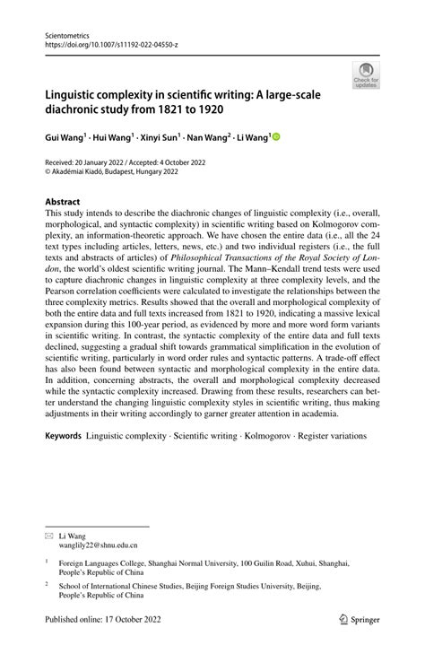 Pdf Linguistic Complexity In Scientific Writing A Large Scale