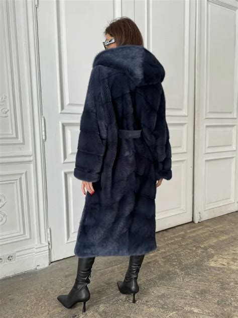 Норковая шуба с капюшоном под пояс цвет темно синий купить в Москве доставка и примерка