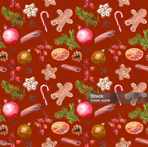 크리스마스 Baubles 진저 브레드 남자와 쿠키 전나무 나뭇가지 계피 사탕 지팡이 오렌지 빨간색 배경에 매끄러운 패턴 수채화 0명에 대한 스톡 벡터 아트 및 기타 이미지