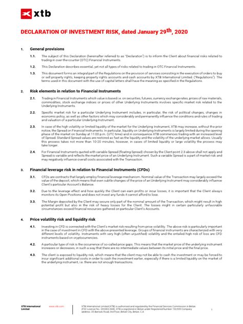 Declaration Of Investment Risk Xtb Bz 01042017 606d8d46ca Pdf Contract For Difference