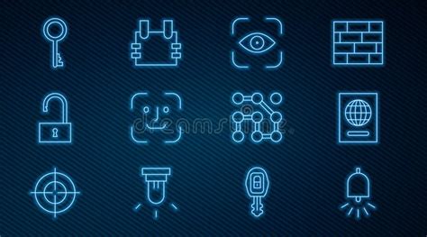 Set Line Ringing Alarm Bell Passport Eye Scan Face Recognition Open Padlock Old Key