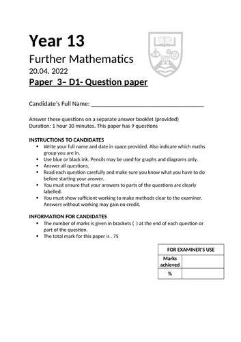 Edexcel Further Maths Practice Papers Year 13 Teaching Resources