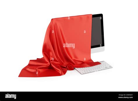 Desktop Computer Covered With Red Silk Cloth Presentation Of New