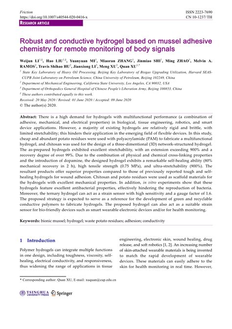 Pdf Robust And Conductive Hydrogel Based On Mussel Adhesive Chemistry For Remote Monitoring Of
