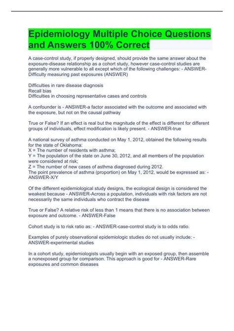 Epidemiology Multiple Choice Questions And Answers 100 Correct Epidemiology Stuvia Us