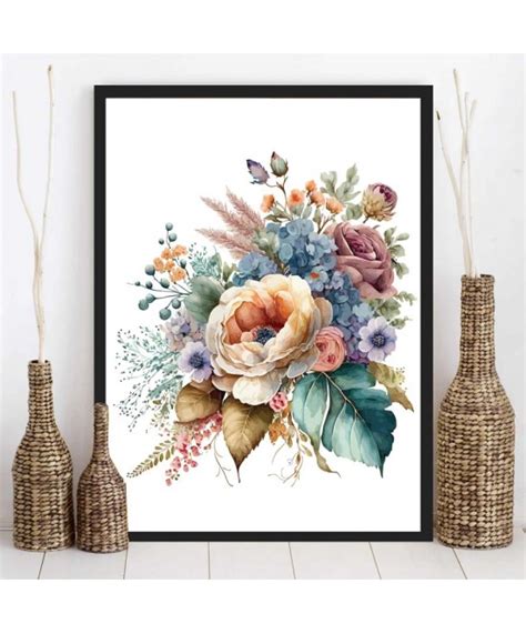 Картина с акварелни цветя фото принт декорация за стена в рамка за кухня или дневна