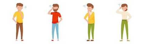 젊은 남자와 여자 생각 서 있는 와 어리둥절한 얼굴 와 물음표 벡터 세트 걱정하는에 대한 스톡 벡터 아트 및 기타 이미지