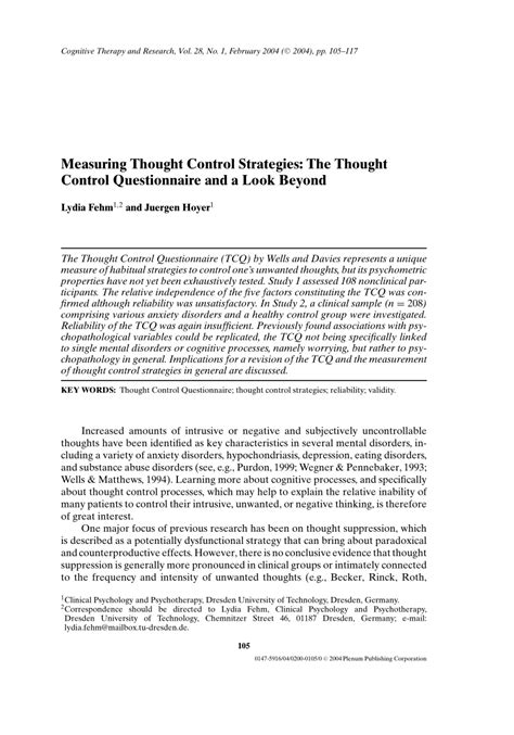 Pdf Measuring Thought Control Strategies The Thought Control Questionnaire And A Look Beyond