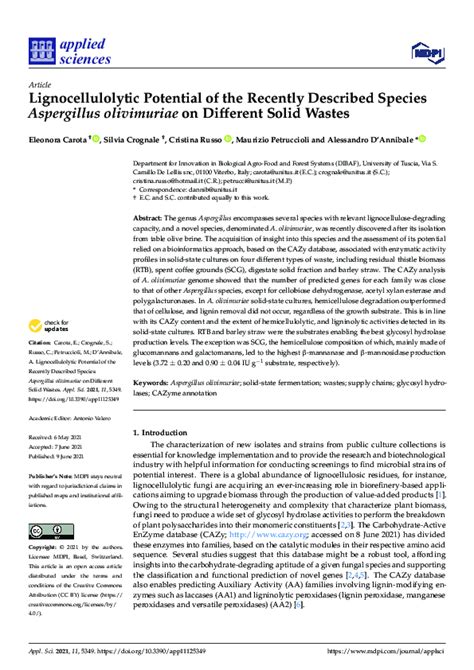 Pdf Lignocellulolytic Potential Of The Recently Described Species Aspergillus Olivimuriae On
