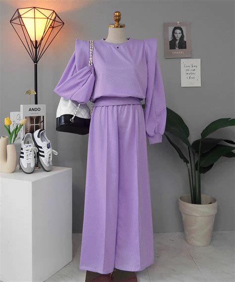 세트퍼프숄더 허리잘록맨투맨핀턱와이드팬츠 엣지숄더와이드팬츠set 에이블리