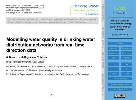 Pdf Modelling Water Quality In Drinking Water Distribution Networks From Real Time Direction Data