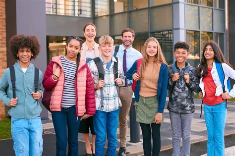 Portrait Of Class Of Secondary Or High School Pupils Standing Outside