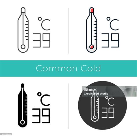 온도계 아이콘입니다 고온 39 셀시우스 체온 의료 기기 일반적인 감기 증상 질병과 질병 독감 그립 플랫 디자인 선형 및 색상 스타일 격리된 벡터 일러스트레이션 감기와 독감에