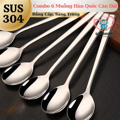 Inox 304 Bộ 6 Chiếc Thìa Cán Dài Kiểu Hàn Quốc Muỗng Cơm Cán Dài