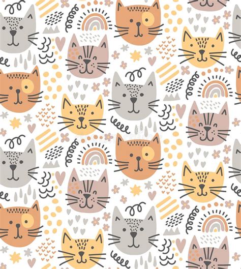 Cute Cats Heads Colorful Seamless Vector Pattern Stock Vector