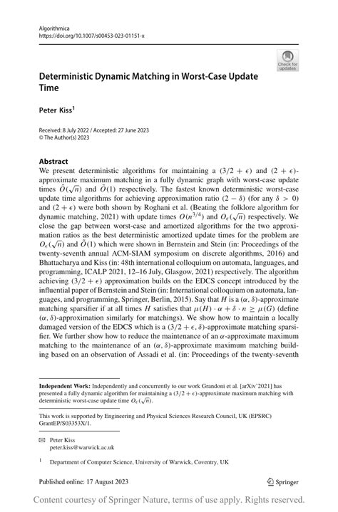 pdf deterministic dynamic matching in worst case update time