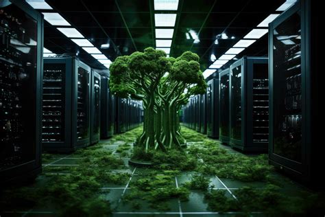 ai generated digital composite of tree in server room with dark