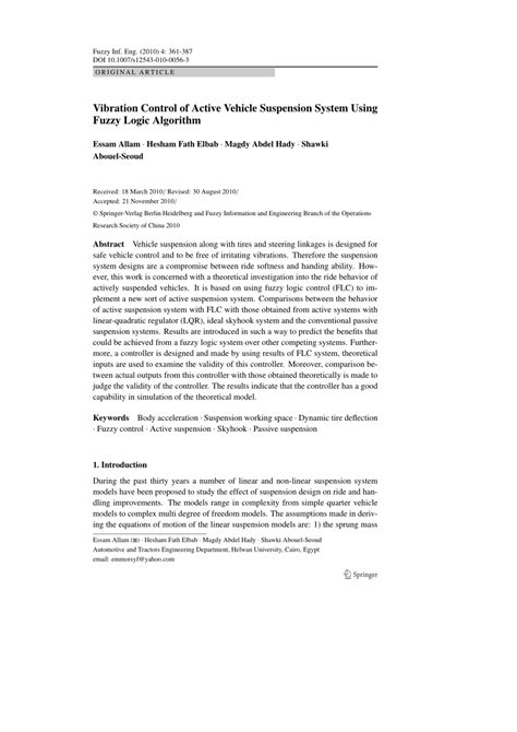 Pdf Vibration Control Of Active Vehicle Suspension System Using Fuzzy