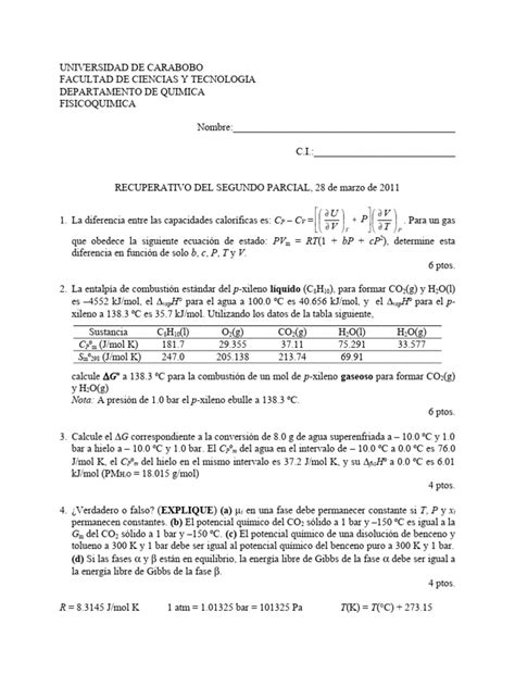Recuperativo Segundo Parcial 2010 2011 Pdf Energía Libre De Gibbs
